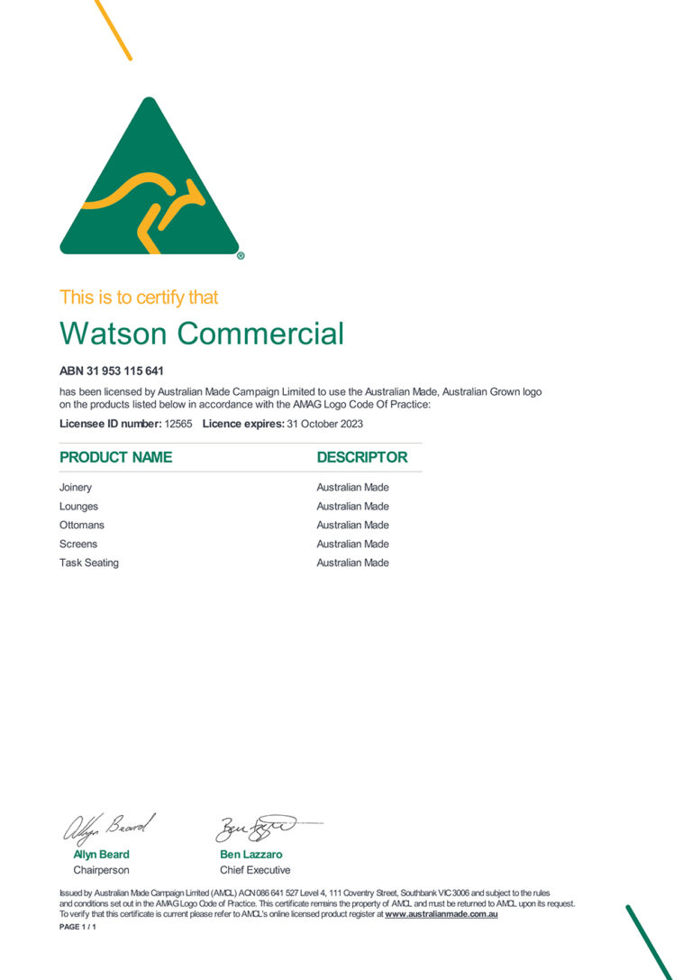Australian Made Certification - Watson Commercial